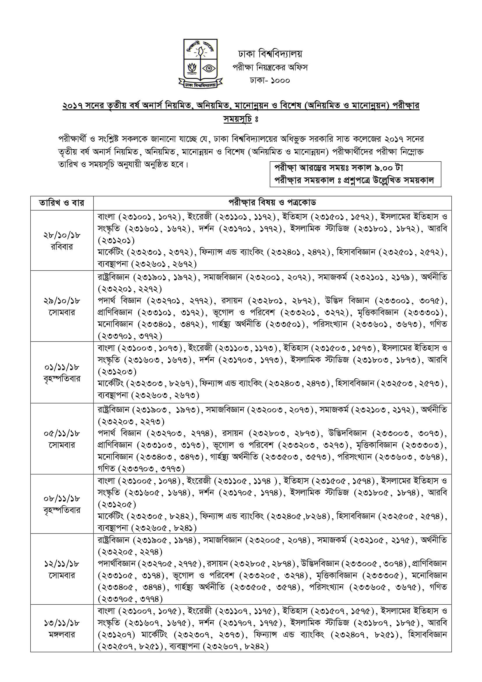 DU 7 College Honours 3rd Year Routine 2018 PDF । 7college.du.ac.bd