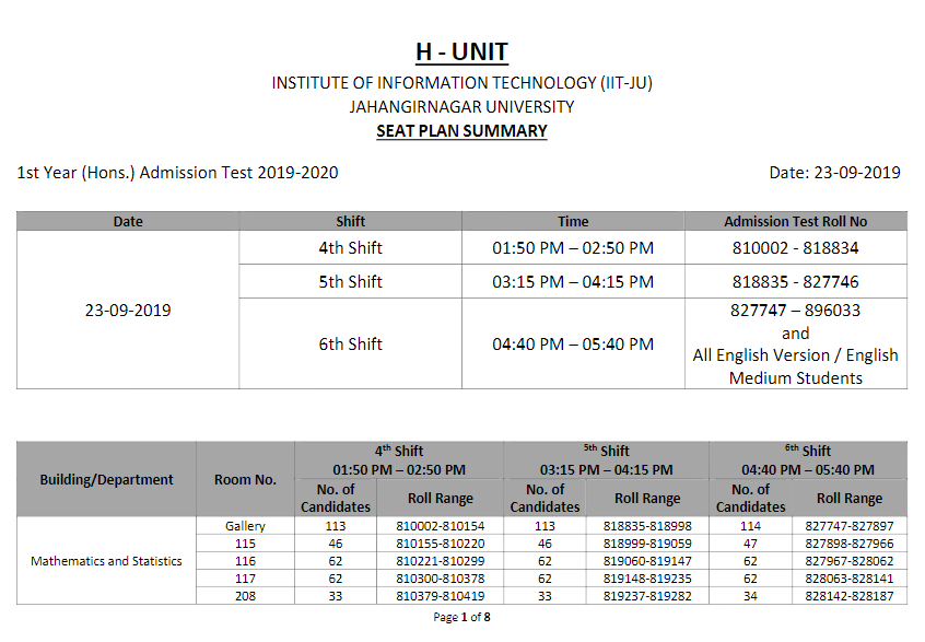Jahangirnagar University Admission Test Dates & Seat Plan 2019-20